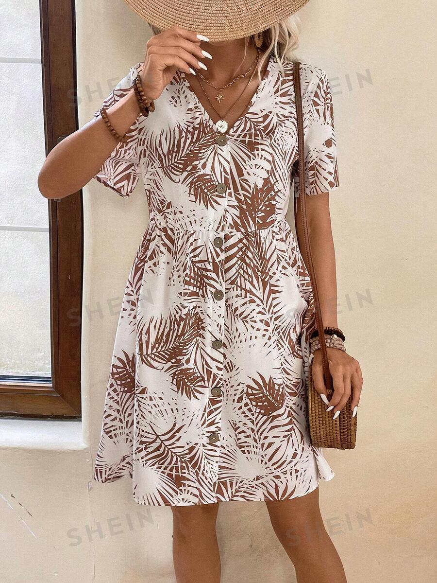 EMERY ROSE Tropical Print Button Front Smock Dress | SHEIN USA