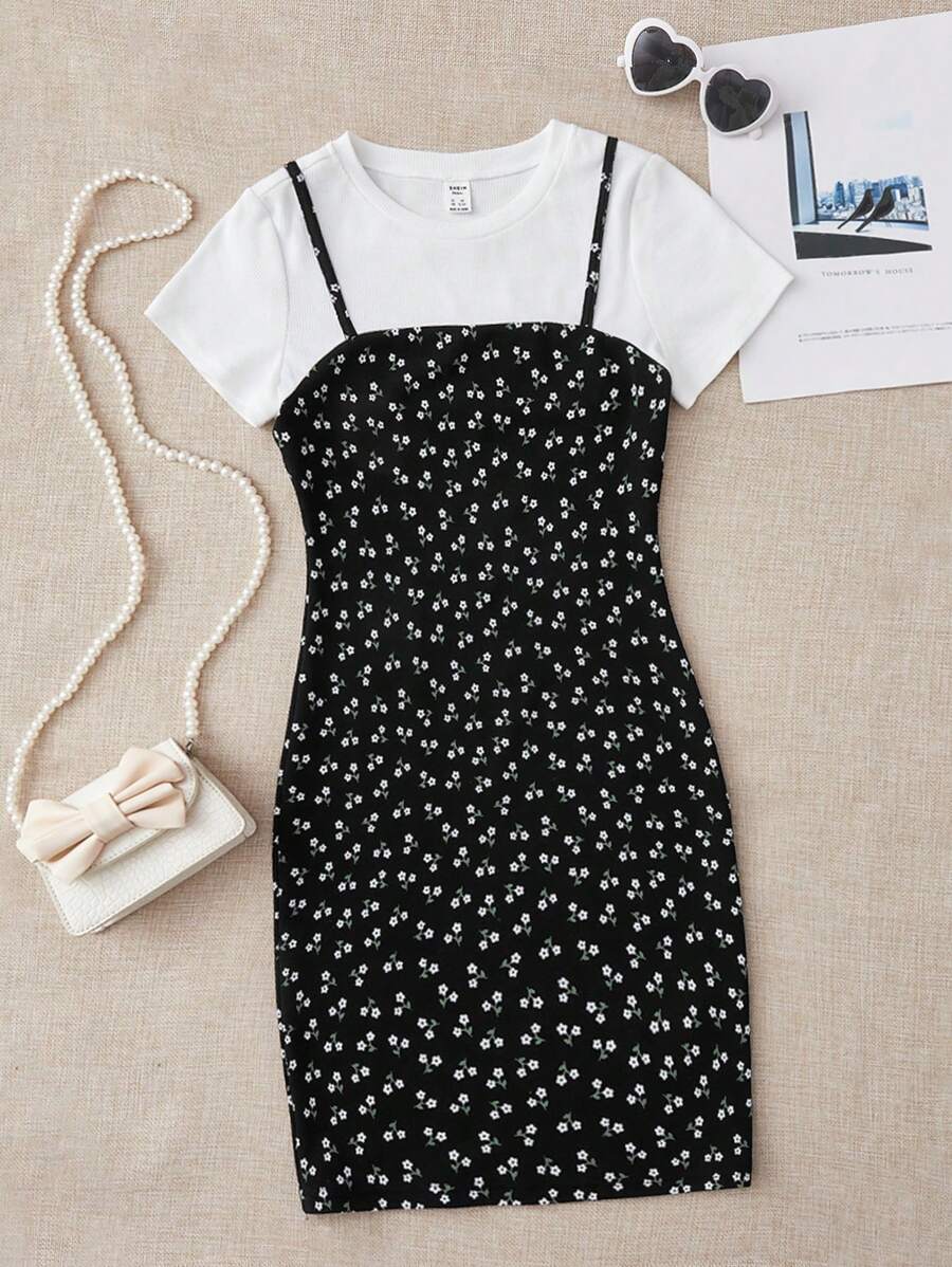 SHEIN 1pc Teen Girl Knitted Rib Spliced Tiny Ditsy Floral Camisole ...