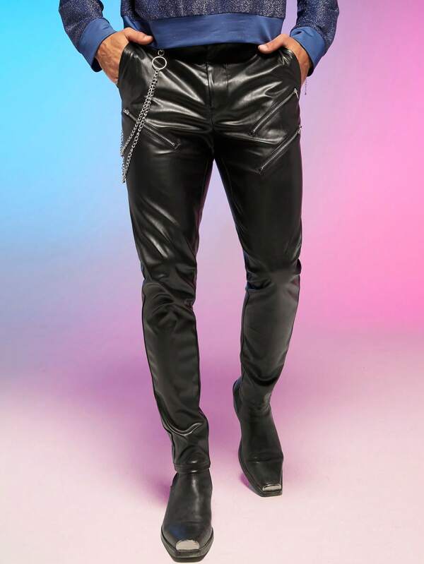 SHEIN Manfinity Fever City Men Chain Detail PU Leather Trousers | SHEIN UK