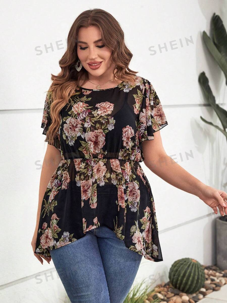 SHEIN Clasi Boho Bloemen Grote maat blouse Asymmetrisch Geribd | SHEIN Nederland