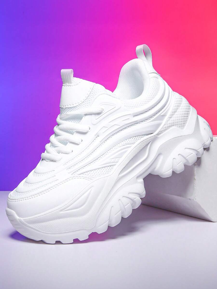 Sporty Sneakers For Women, Minimalist Lace-up Front Chunky Sneakers ...