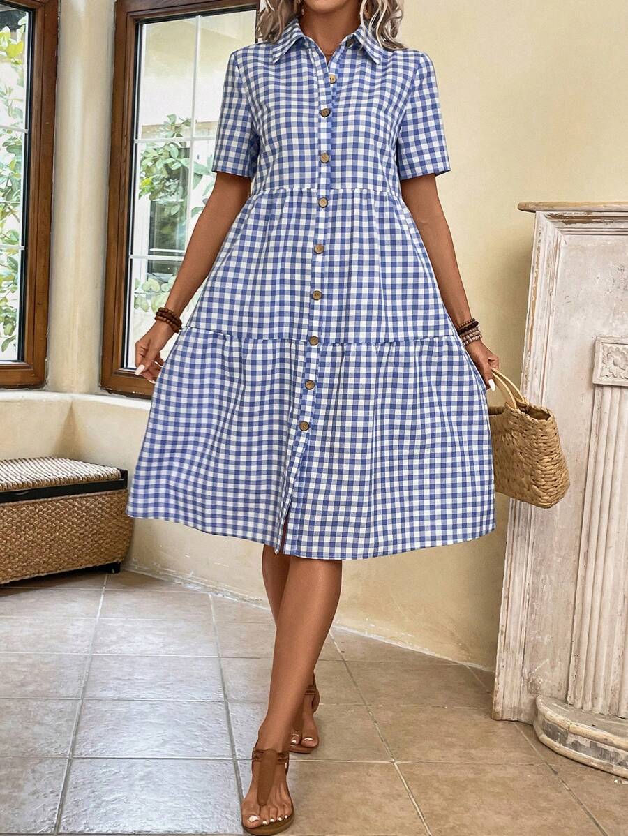 EMERY ROSE Gingham Print Button Front Ruffle Hem Smock Dress | SHEIN USA
