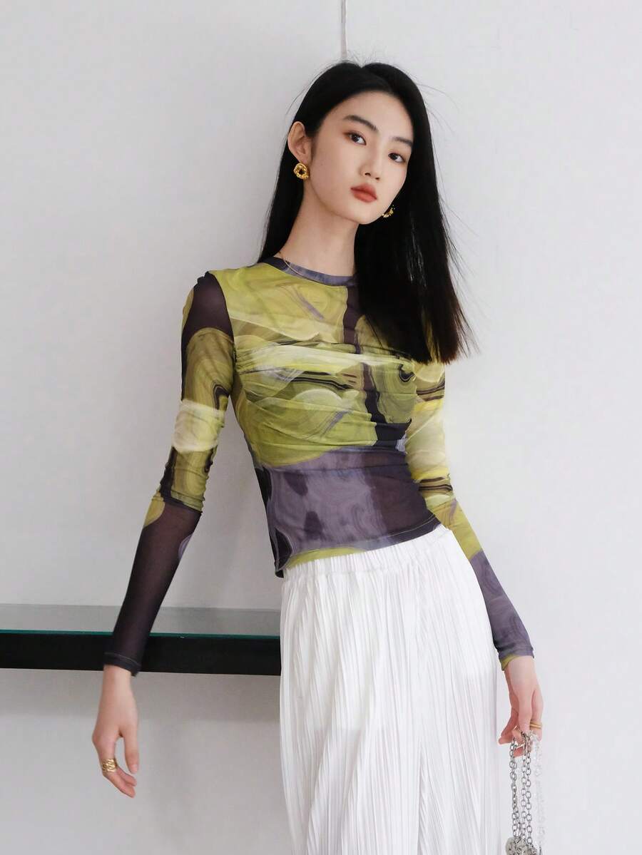 Graphic Print Sheer Mesh Top | SHEIN USA