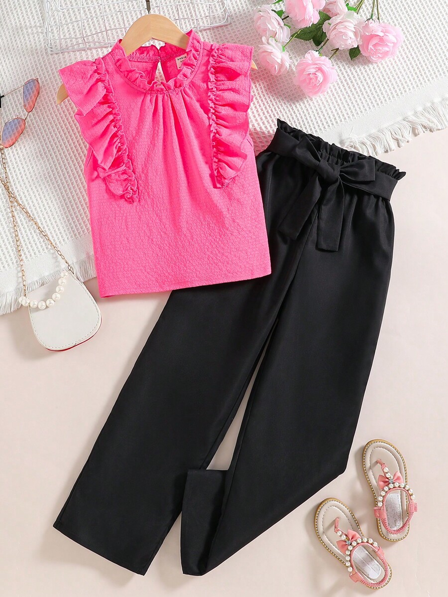 Shein Tween Girl Ruffle Trim Top And Paperbag Waist Belted Pants Shein Usa