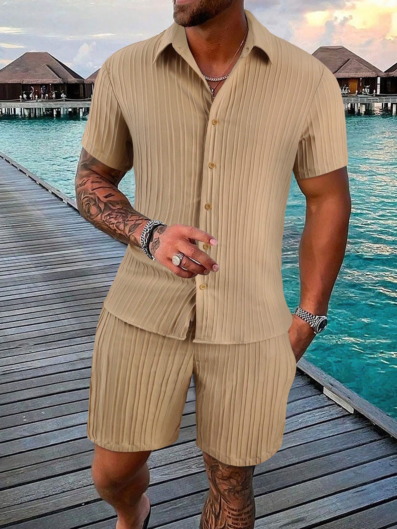 Manfinity Homme Men Solid Button Up Shirt & Shorts Set | SHEIN USA