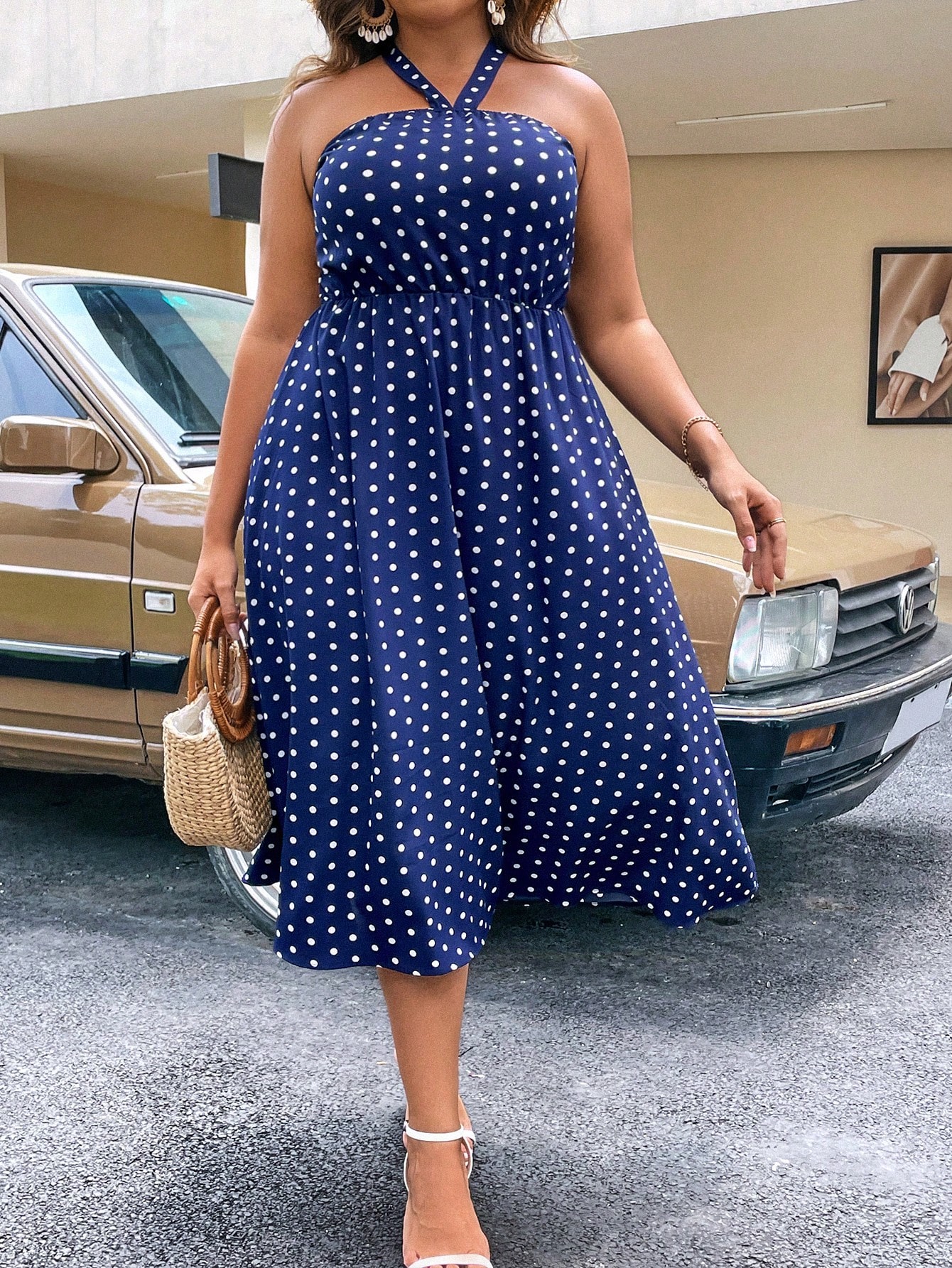 Shein Privé Plus Polka Dot Print Tie Backless Halter Neck Dress Shein Usa