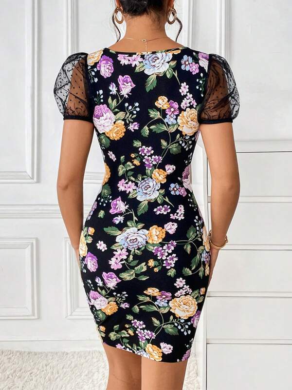 Shein Privé Vestido Ajustado Con Estampado Floral De Malla En Contraste