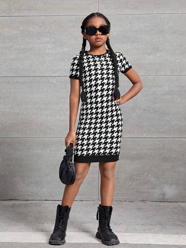 SHEIN Kids Cooltwn Tween Girl Houndstooth Print Fitted Dress | SHEIN USA