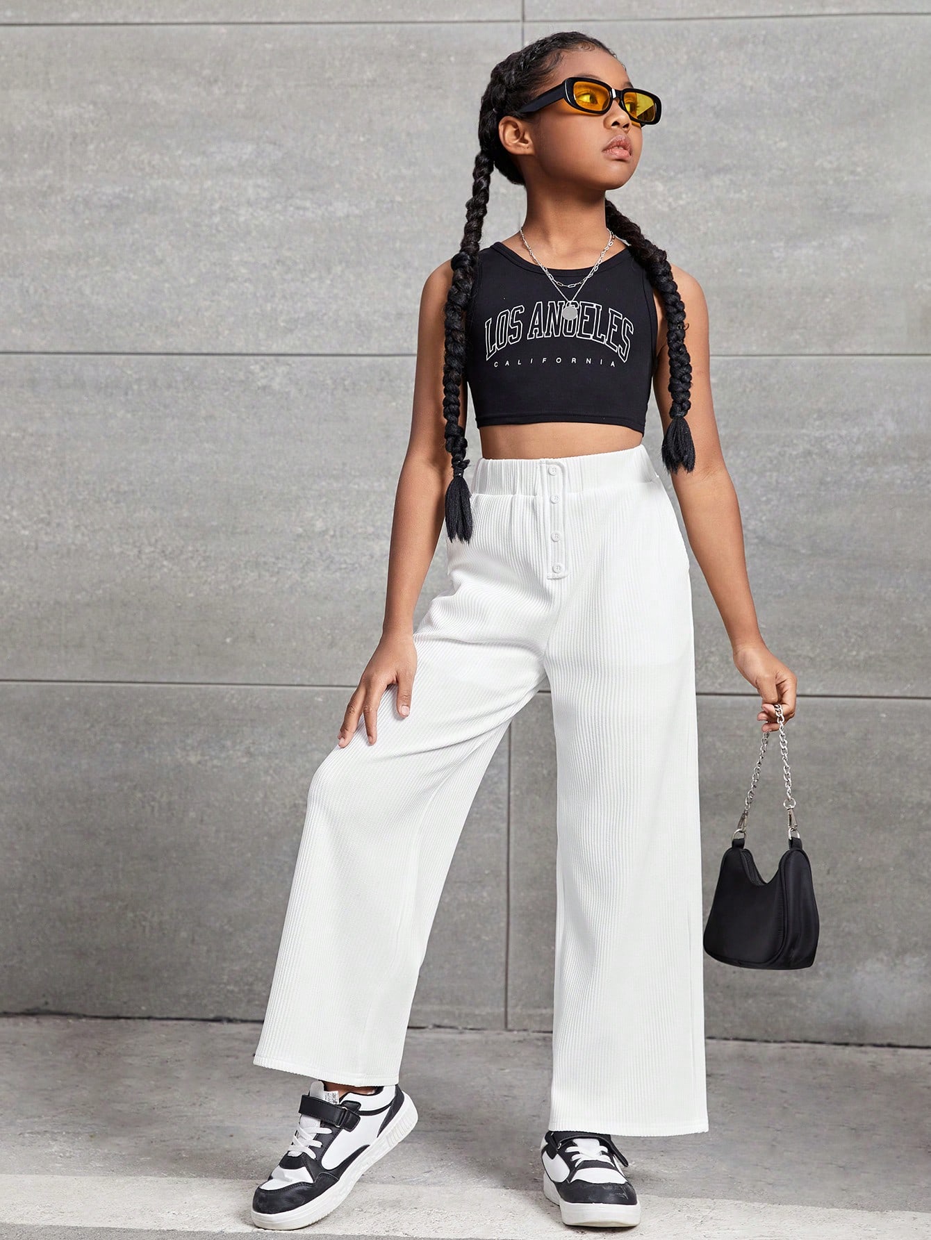 SHEIN Tween Girls' Basic Knit Solid Color Wide Leg Pants With Button ...