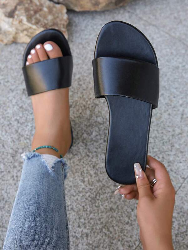 Women Single Band Slide Sandals, Elegant Black Flat Sandals | SHEIN USA
