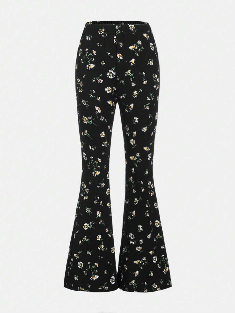 SHEIN Tween Girl Knitted Floral Print Flared Pants | SHEIN USA
