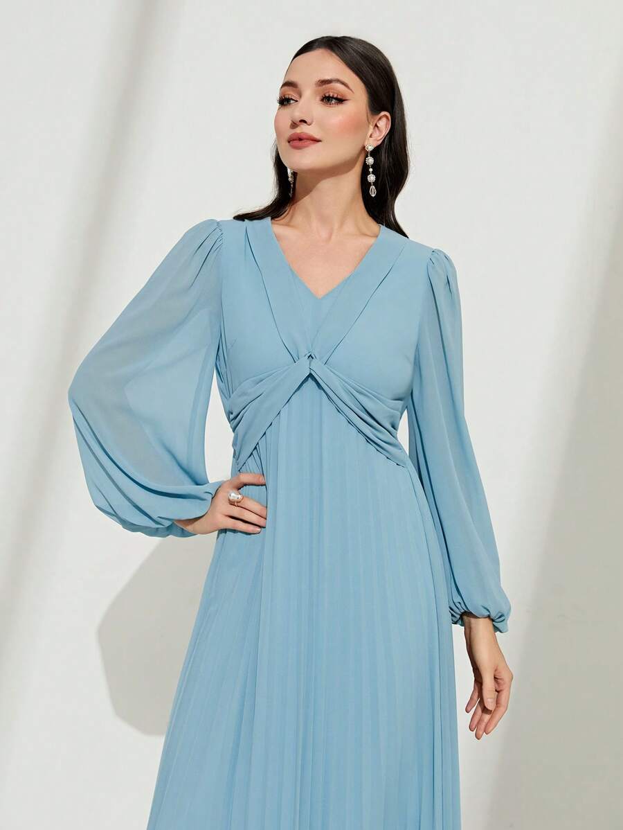 SHEIN Modely Twist Front Lantern Sleeve Pleated Hem Dress Church Dress ...