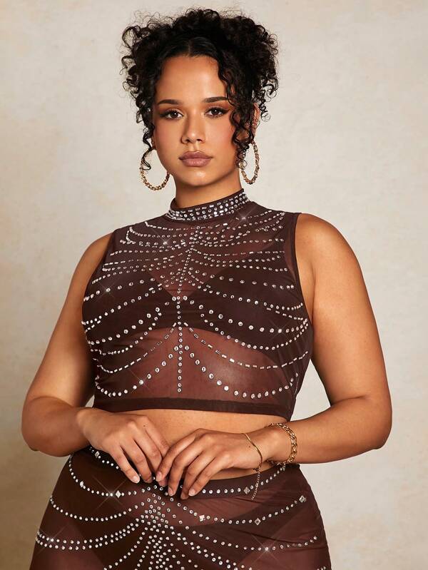 Shein Bae Plus Rhinestone Detail Mesh Crop Tank Top Without Bra Shein Usa