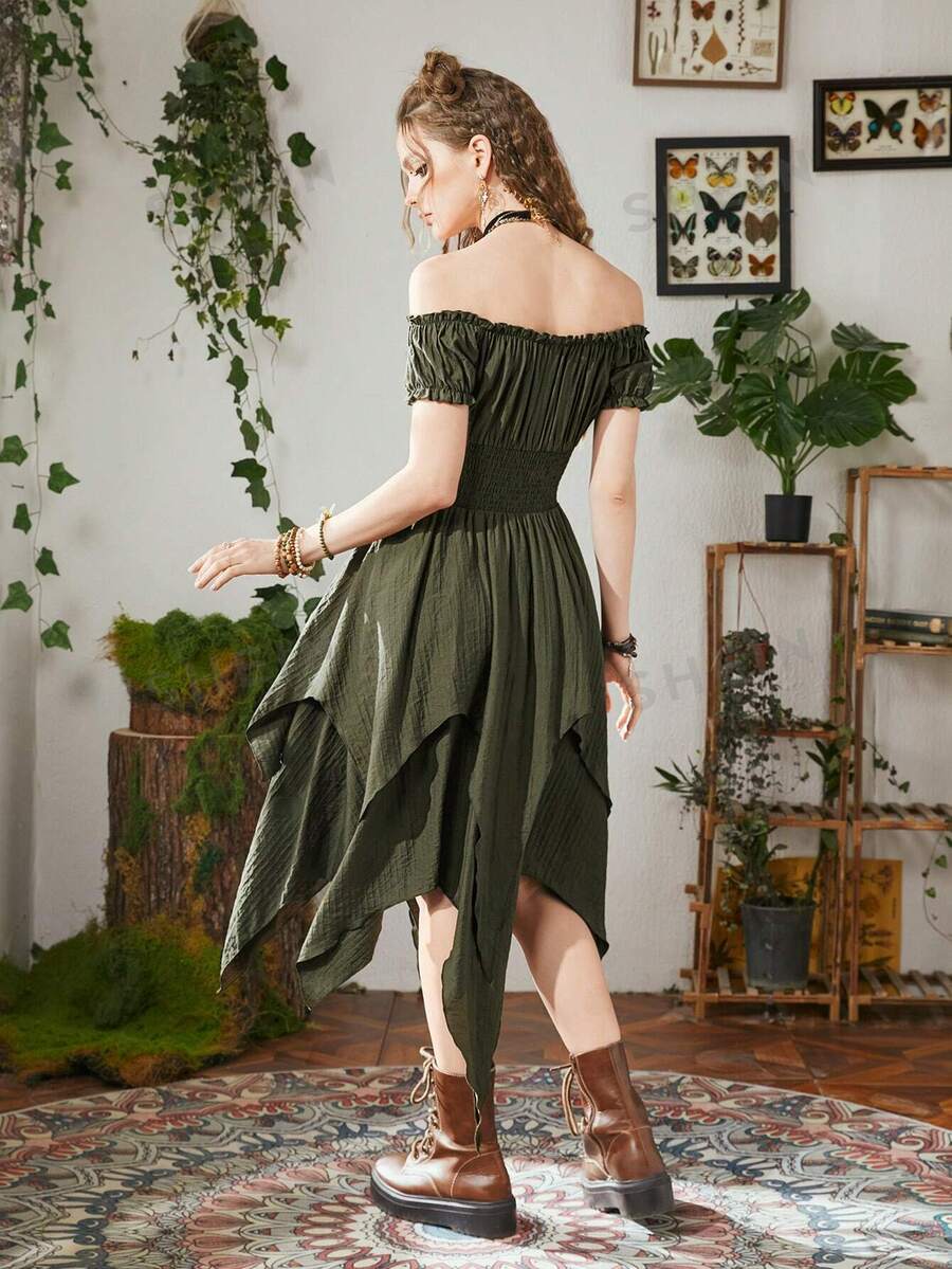 ROMWE Fairycore Off Shoulder Asymmetrical Hem Dress Without Belt ...