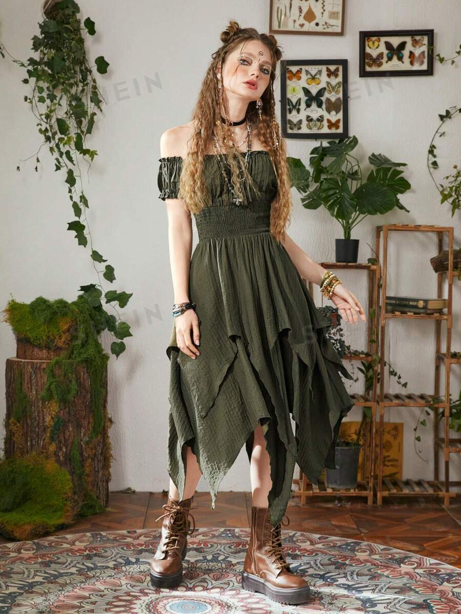 ROMWE Fairycore Off Shoulder Asymmetrical Hem Dress Without Belt ...