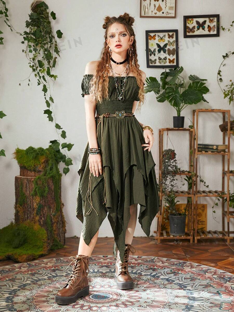 ROMWE Fairycore Off Shoulder Asymmetrical Hem Dress Without Belt ...