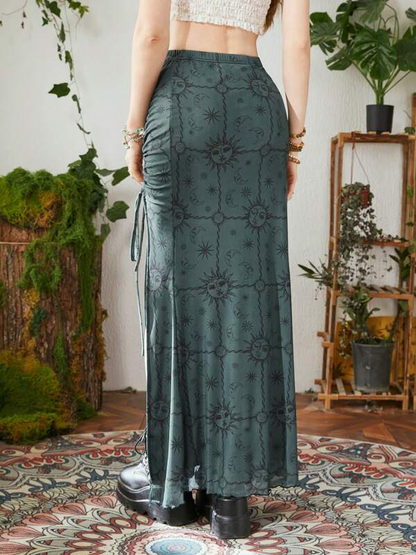 Fairycore Sun & Moon Print Drawstring Split Thigh Skirt | SHEIN UK