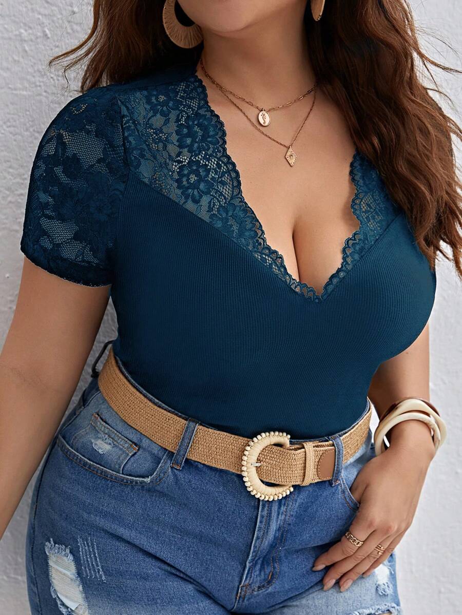 SHEIN Privé Camiseta con encaje en contraste | Mode de Mujer | SHEIN España