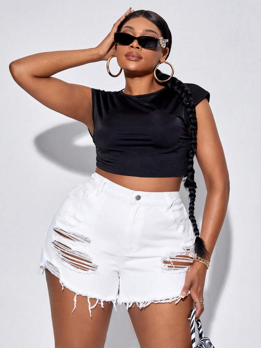 SHEIN SXY Plus Ripped Raw Cut Denim Shorts | SHEIN USA