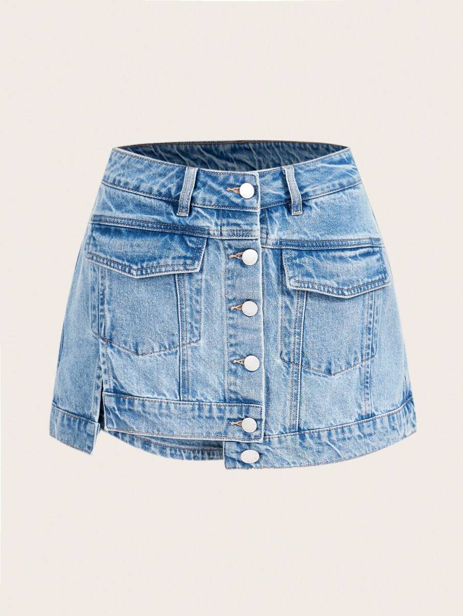 SHEIN ICON Flap Pocket Button Front Denim Skort | SHEIN USA