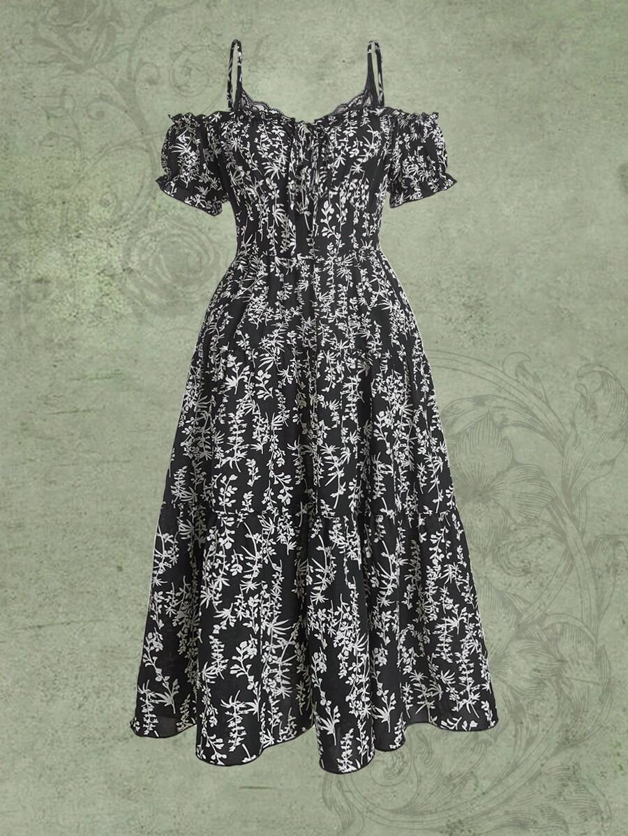 ROMWE Fairycore Plants Print Tie Shoulder Cold Shoulder Dress | SHEIN USA