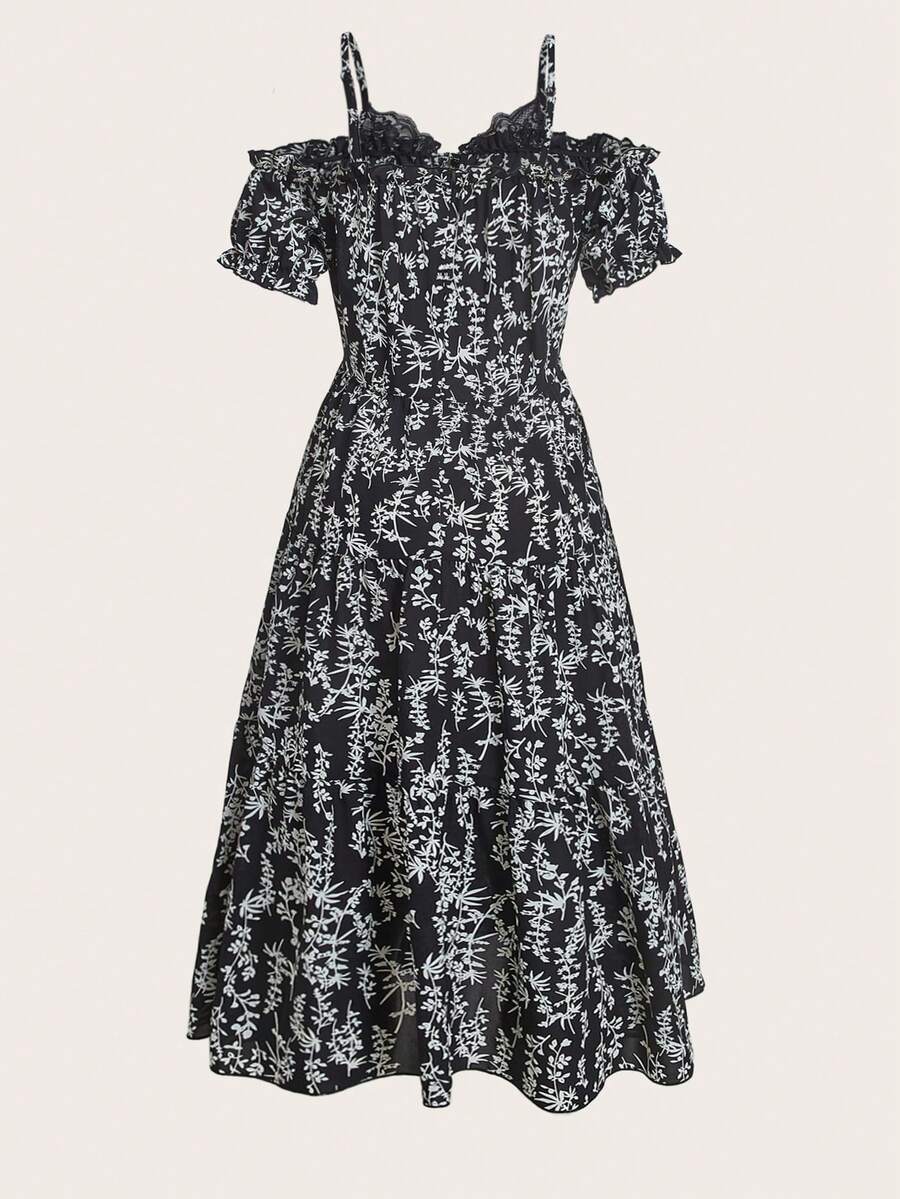 ROMWE Fairycore Plants Print Tie Shoulder Cold Shoulder Dress | SHEIN USA