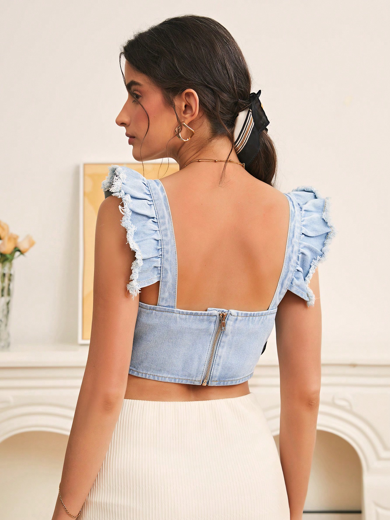 SHEIN Frenchy Ruffle Trim Crop Denim Top | SHEIN USA