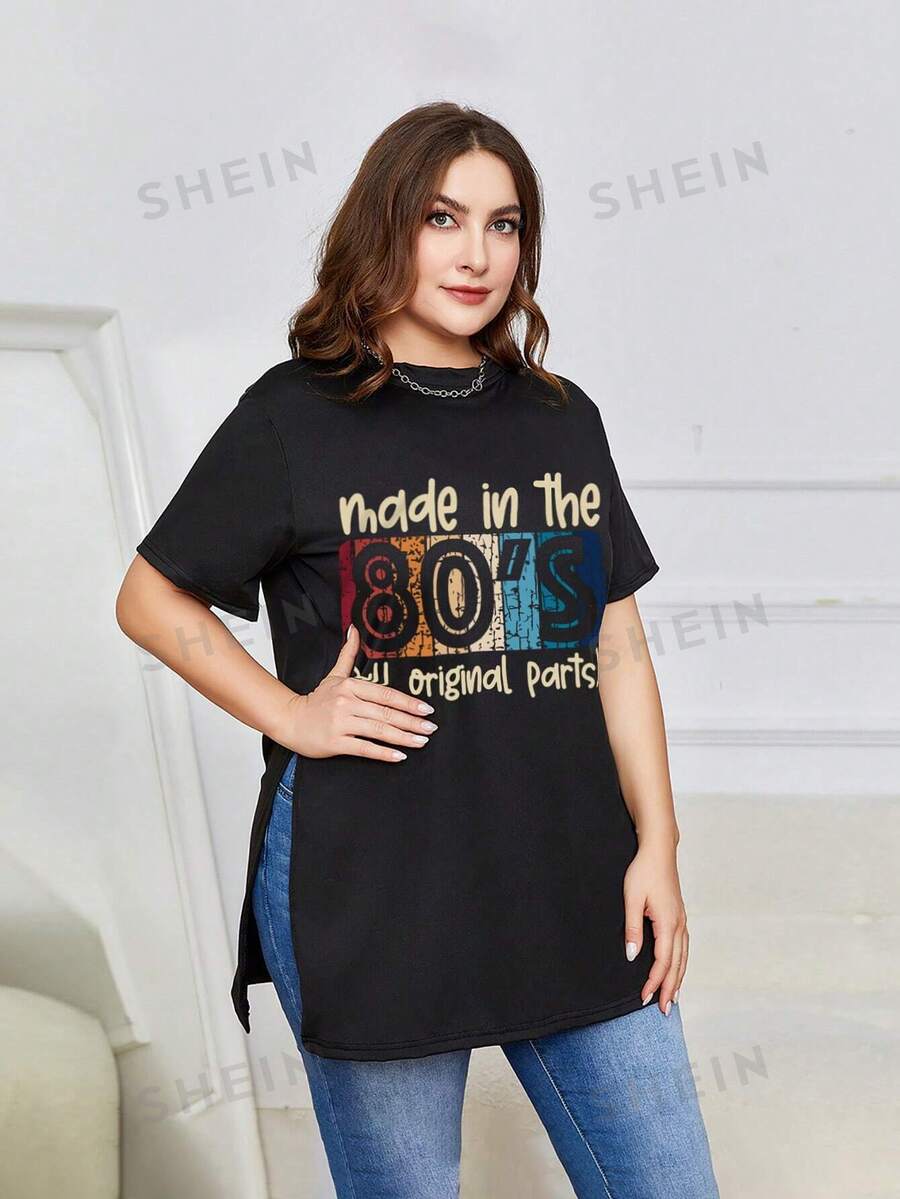 SHEIN LUNE Plus Slogan Graphic Split Hem Tee Made In The 80's Original Parts | SHEIN UK