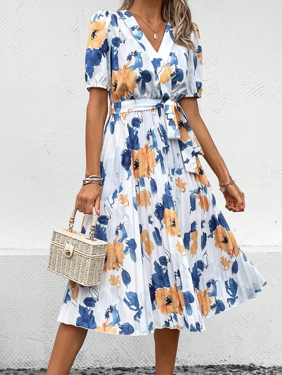 Breezaya Floral Print Pleated Hem Belted Dress | SHEIN USA