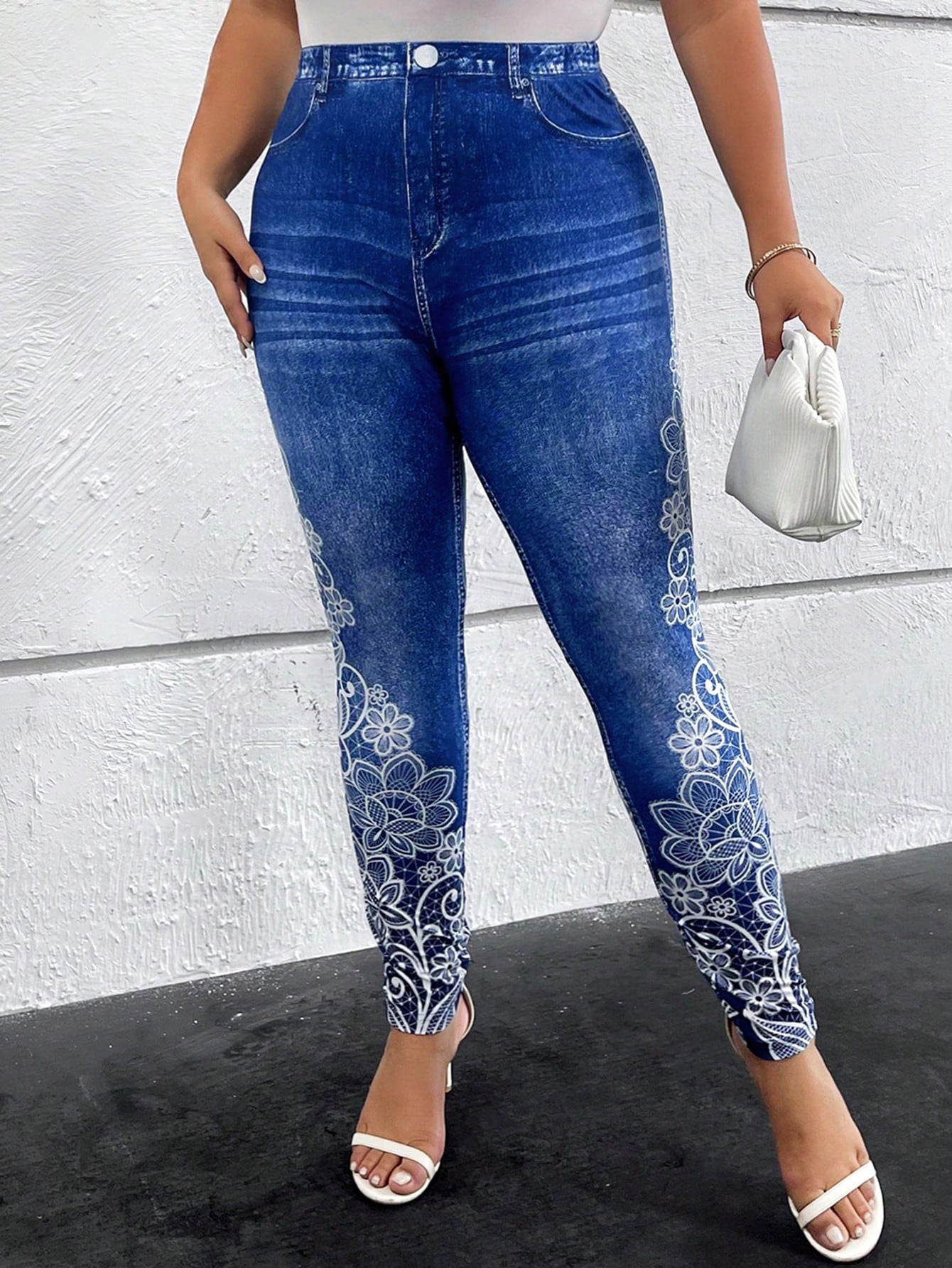 Shein Clasi Plus Denim Effect And Floral Print Leggings For Sale