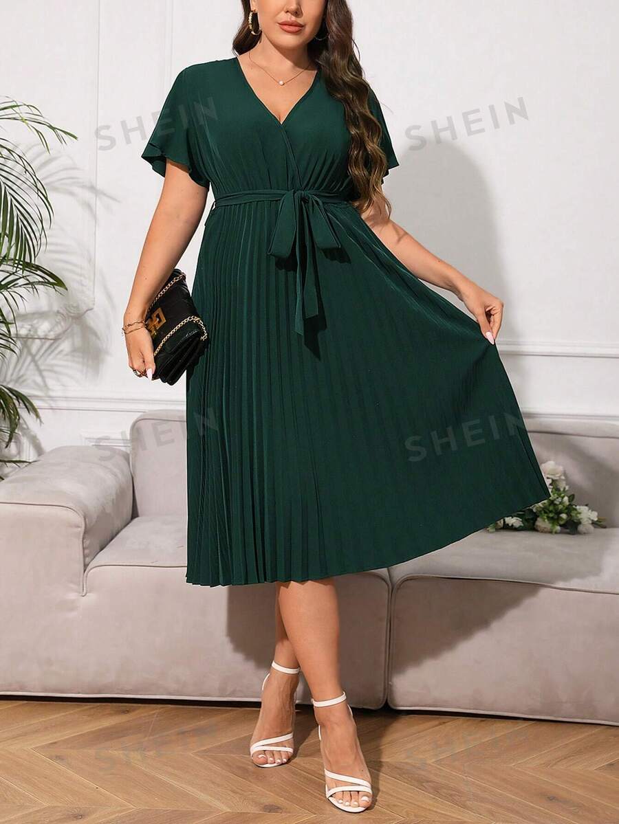 SHEIN Privé Plus Surplice Neck Pleated Hem Belted Dress | SHEIN USA