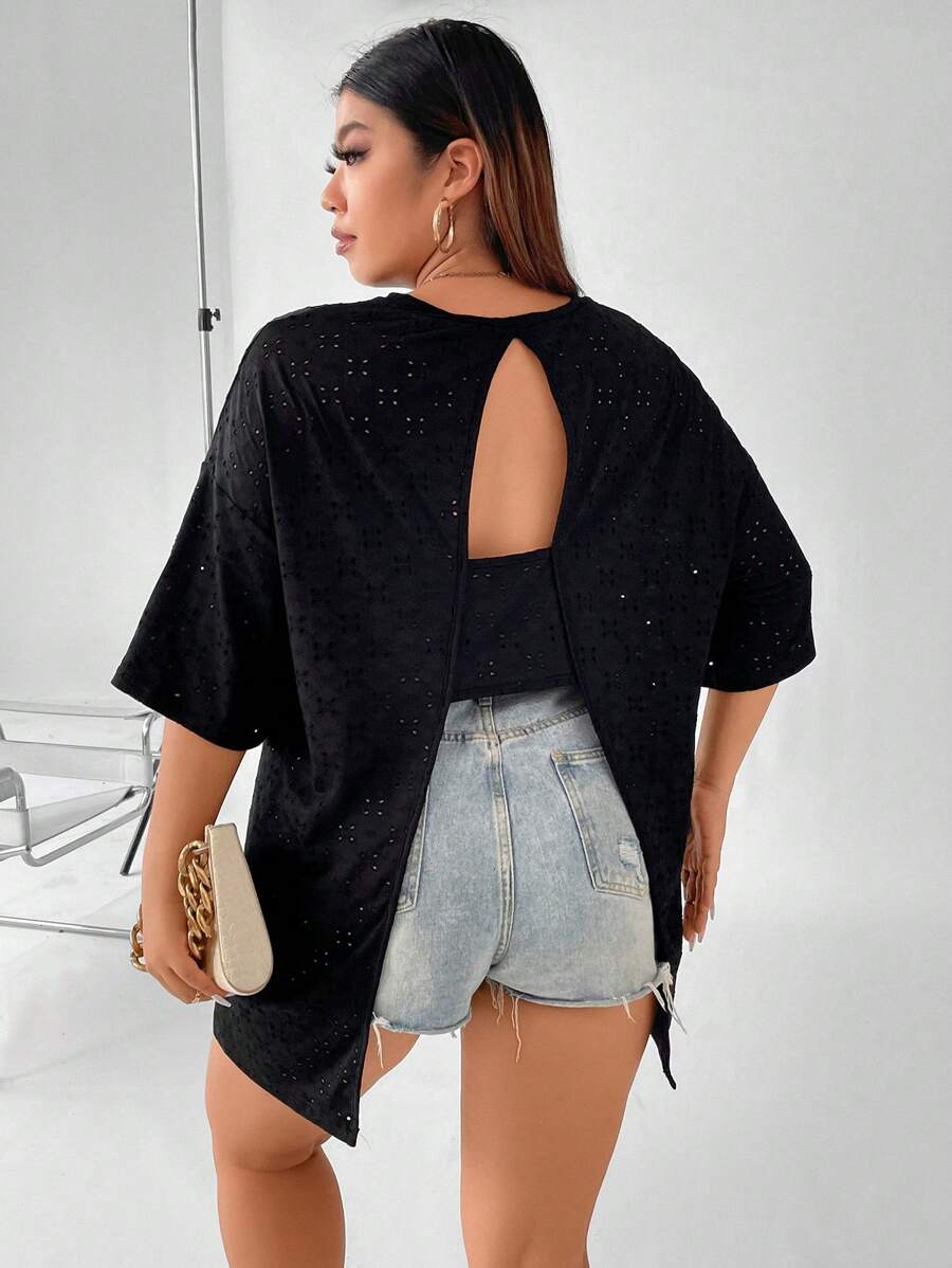 Calvaya Plus Split Back Drop Shoulder Tee | SHEIN USA