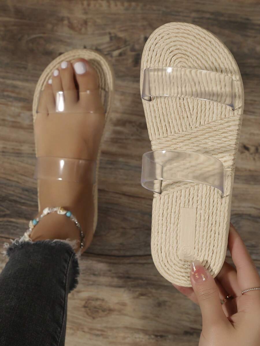 Women Lightweight Clear Strap Flat Sandals, Vacation PVC Slide Sandals ...