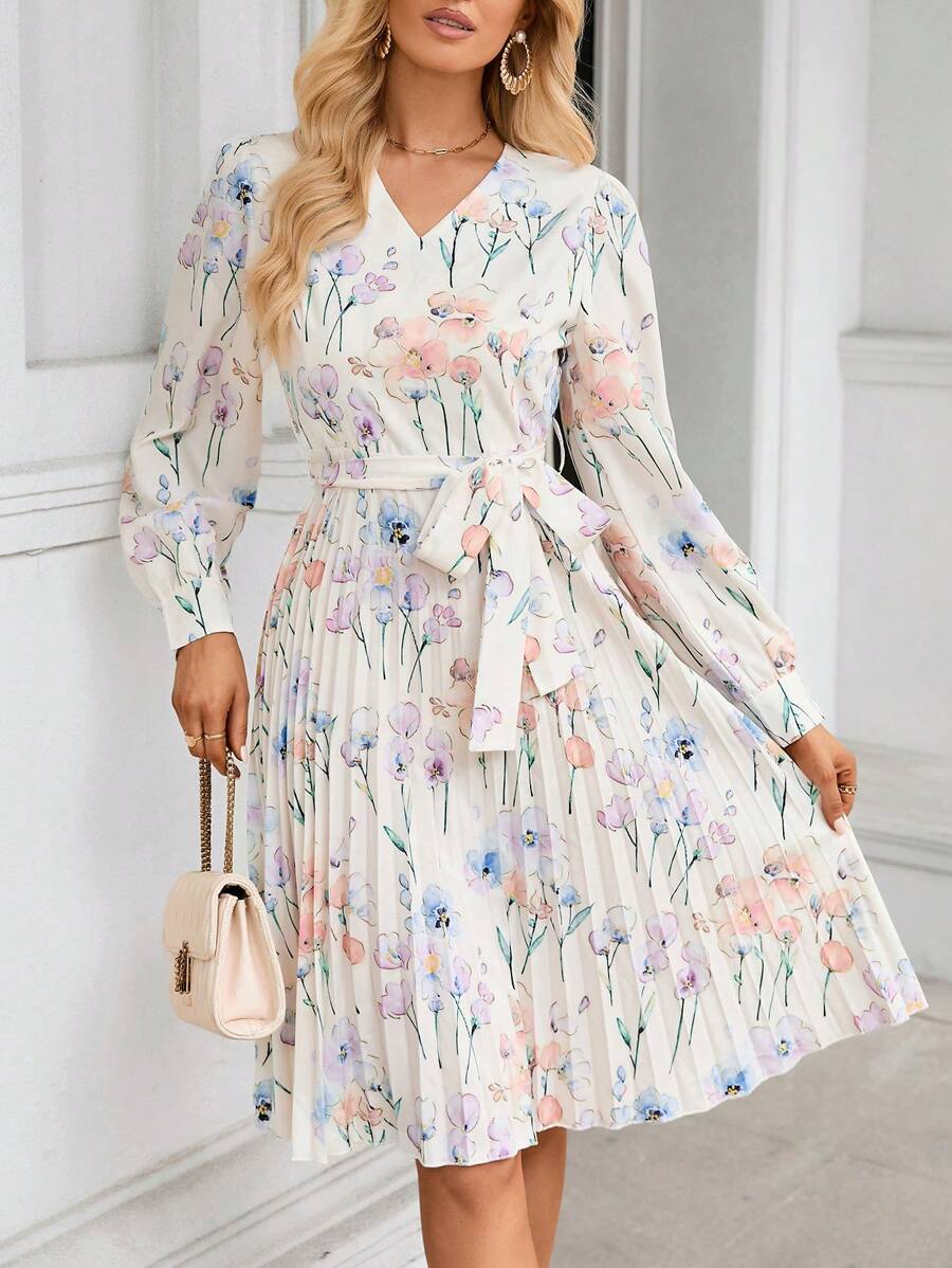 Aveloria Floral Print Pleated Hem Belted Dress Vacation Outfits Woman | SHEIN USA