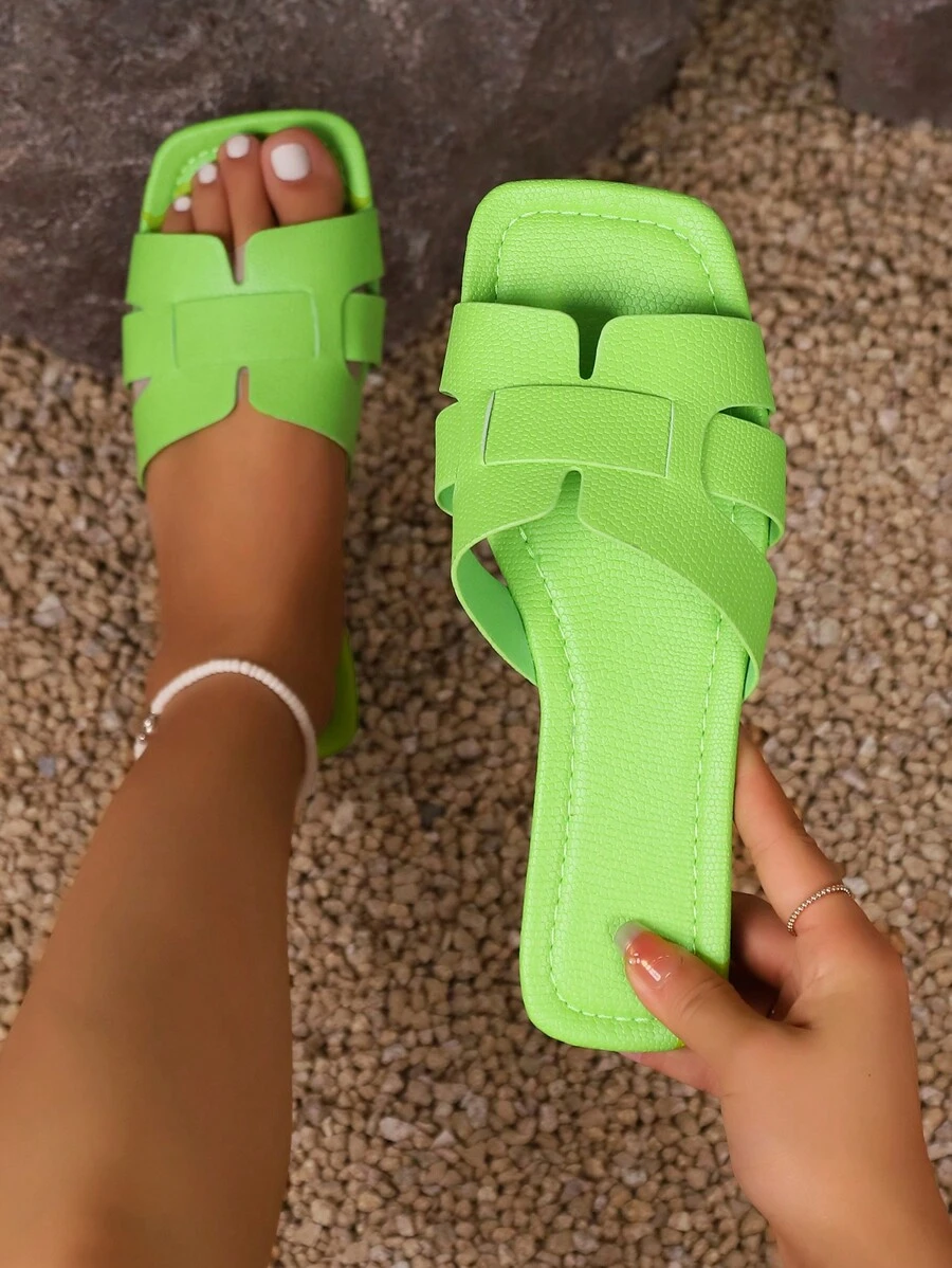 Women Snakeskin Embossed Flat Sandals, Funky Neon-green Slide Sandals ...