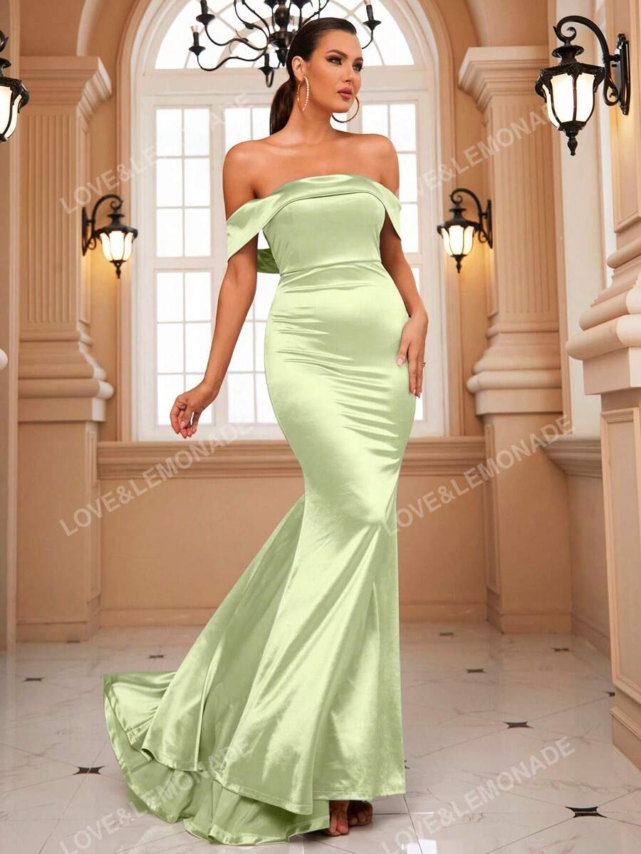 LOVE&LEMONADE Off Shoulder Zip Back Floor Length Satin Formal Dress ...