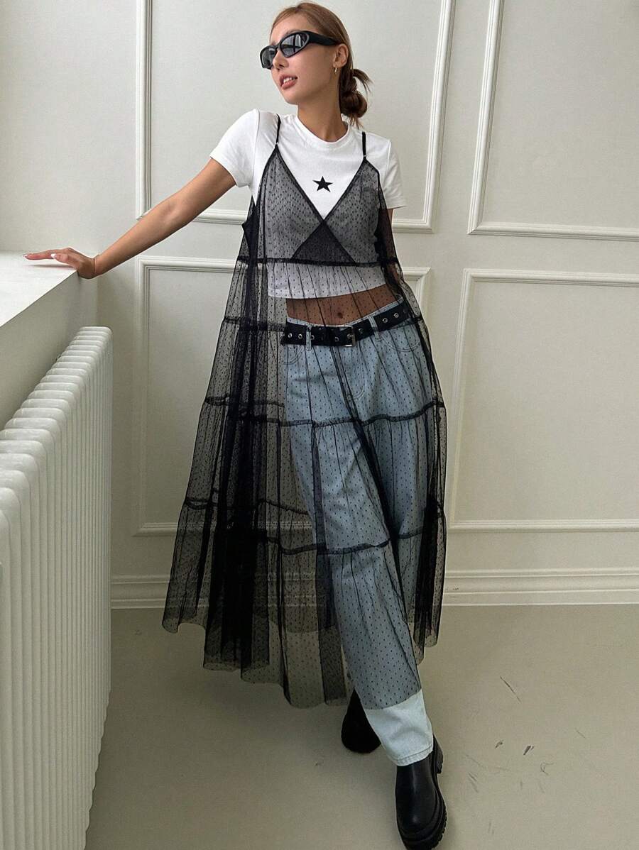 DAZY Solid Sheer Mesh Overlay Cami Dress Without Tee Sundress,Casual ...