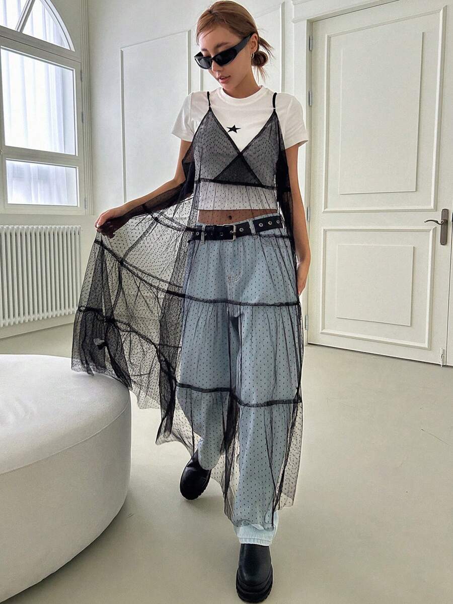 DAZY Solid Sheer Mesh Overlay Cami Dress Without Tee | SHEIN USA