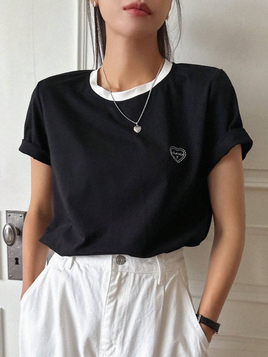 DAZY Heart Embroidery Contrast Trim Tee | SHEIN USA