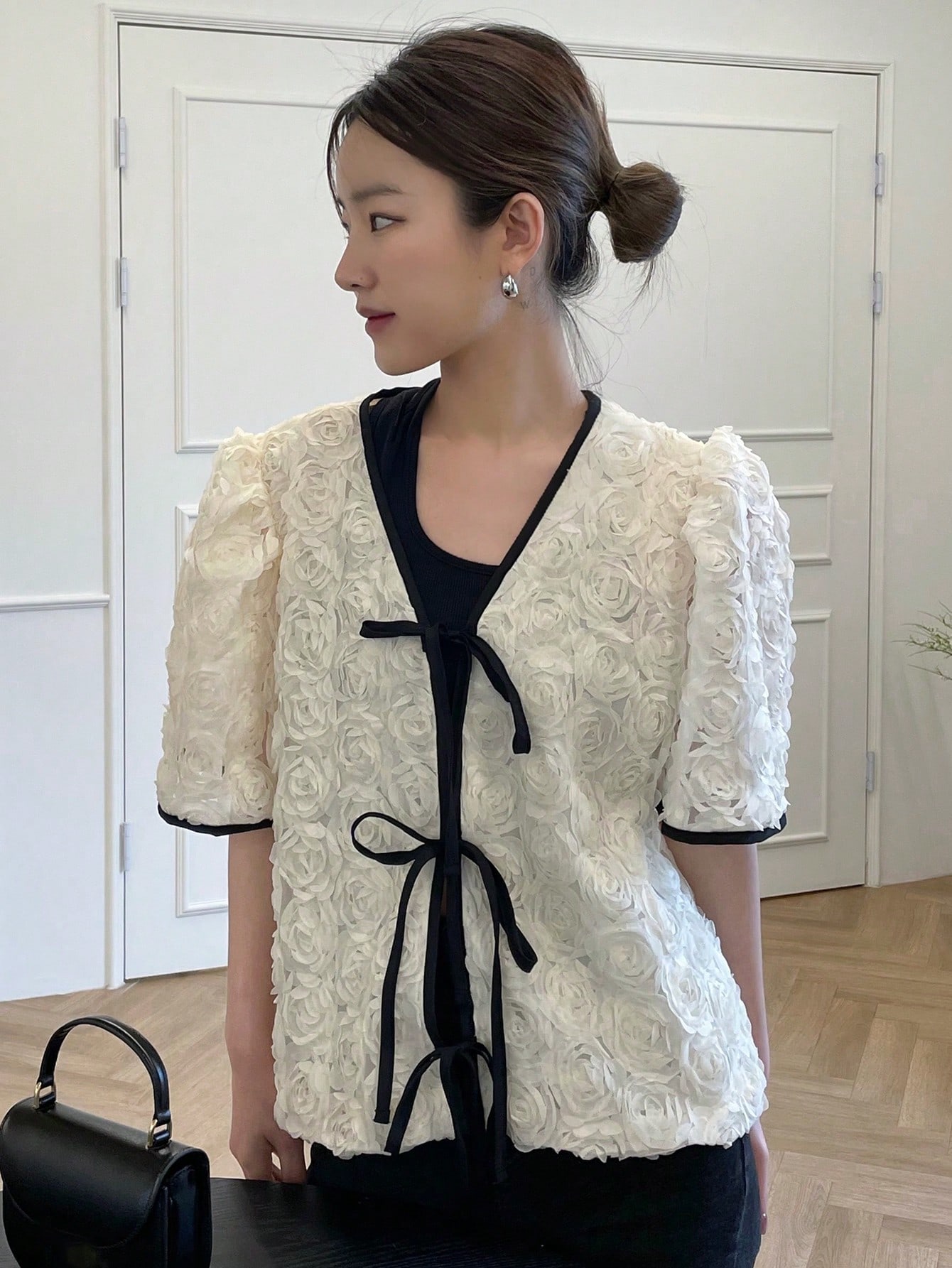 Dazy 3d Rosette Contrast Binding Puff Sleeve Knot Front Blouse Shein Usa