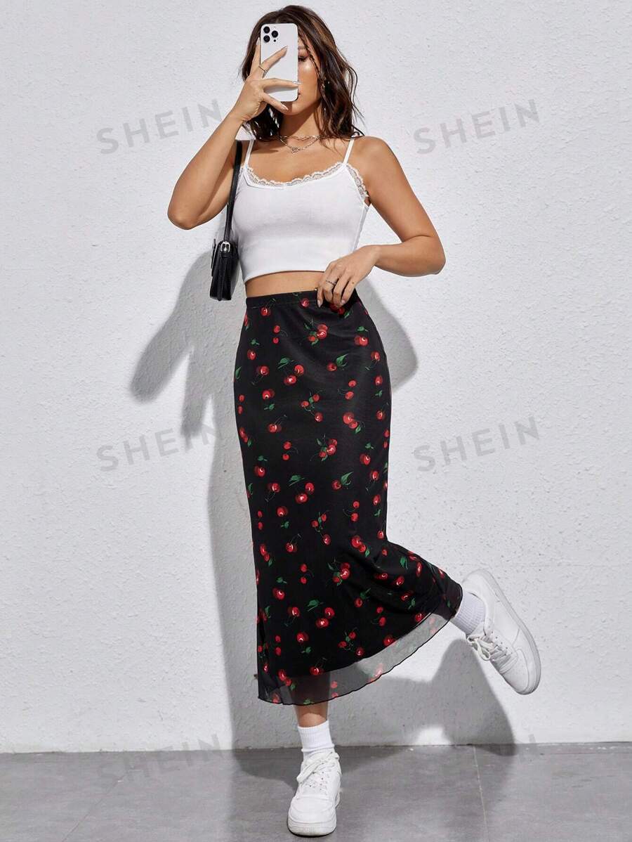 SHEIN EZwear Cherry Print Mesh Overlay Skirt | SHEIN UK