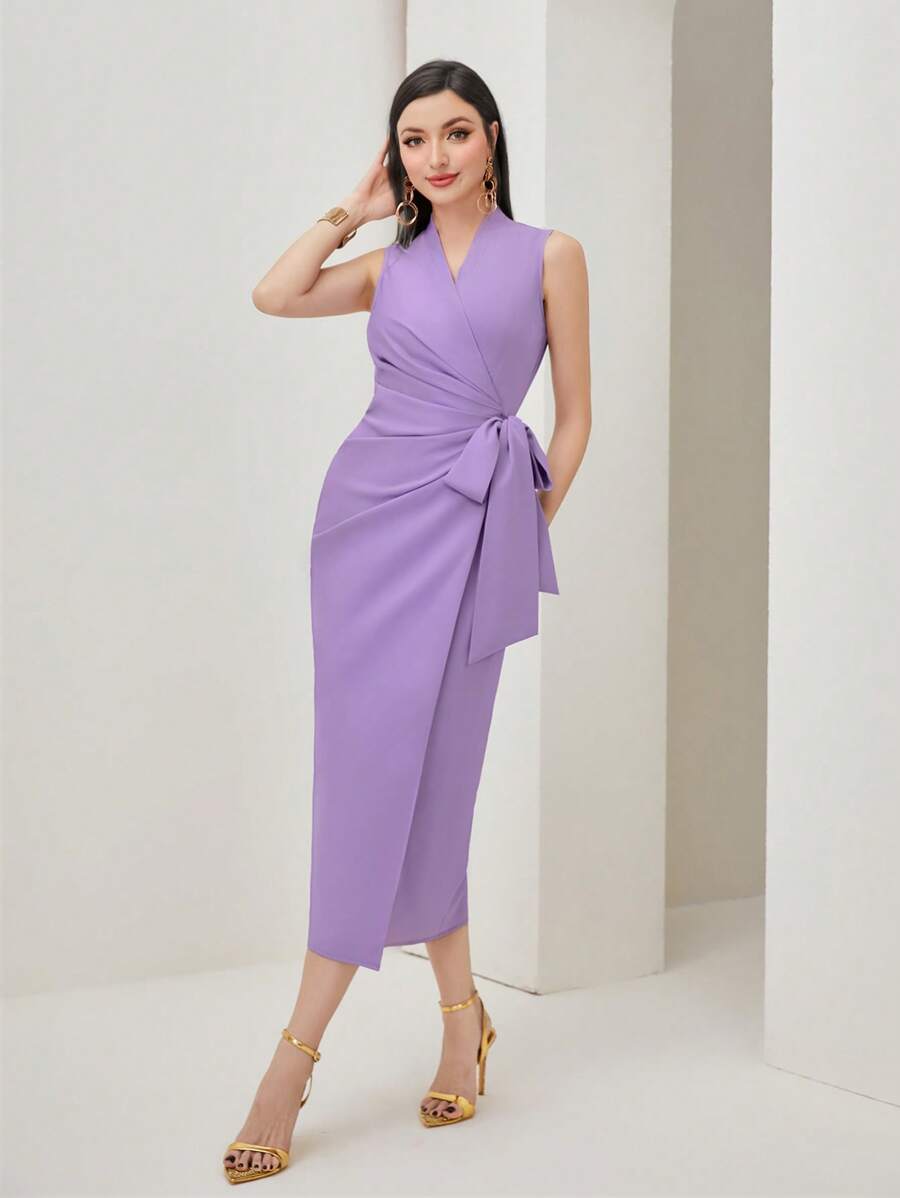 Modelyn Solid Wrap Knot Side Dress | SHEIN USA