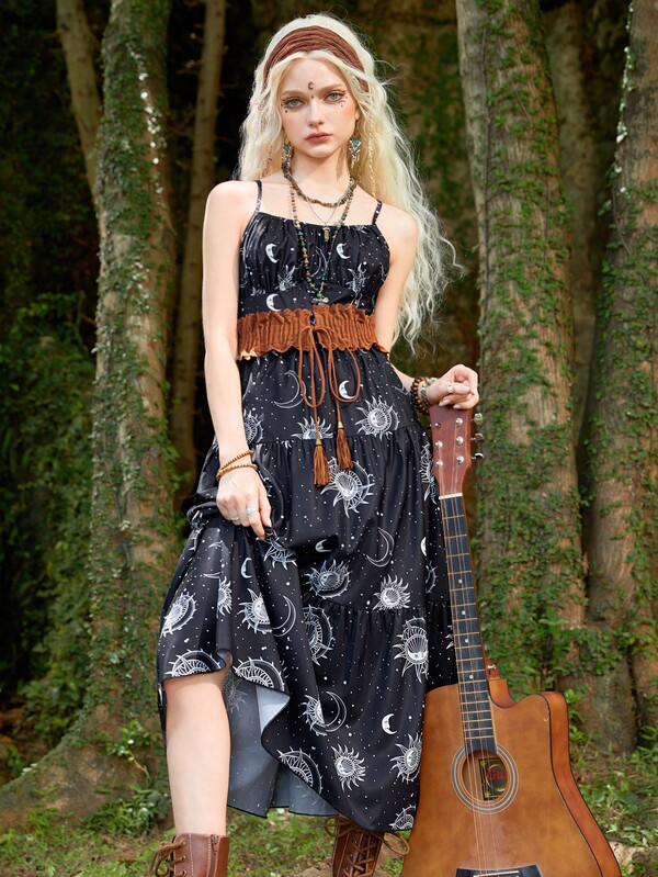 ROMWE Hippie Sun & Moon Graphic Ruched Bust Cami Dress | SHEIN USA