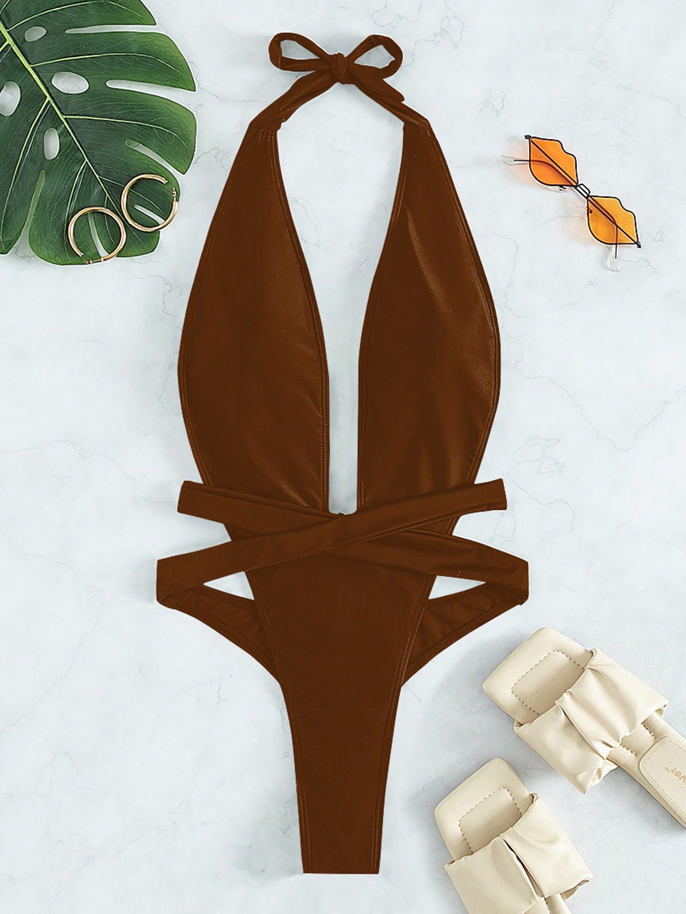 SHEIN Swim BAE Plain Plunging Neck Backless Halter One Piece Swimsuit ...