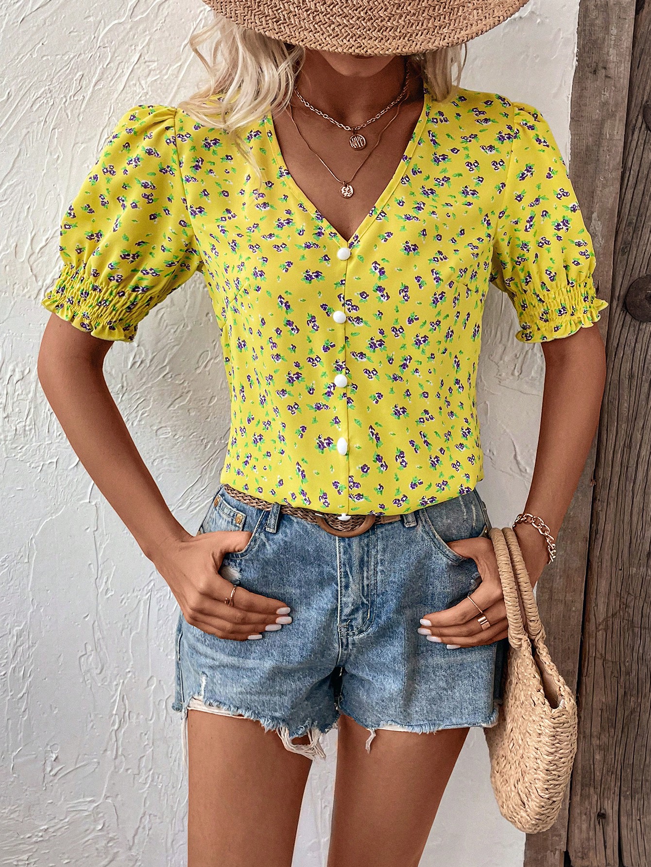 Shein Lune Ditsy Floral Print Puff Sleeve Button Front Blouse Shein Usa