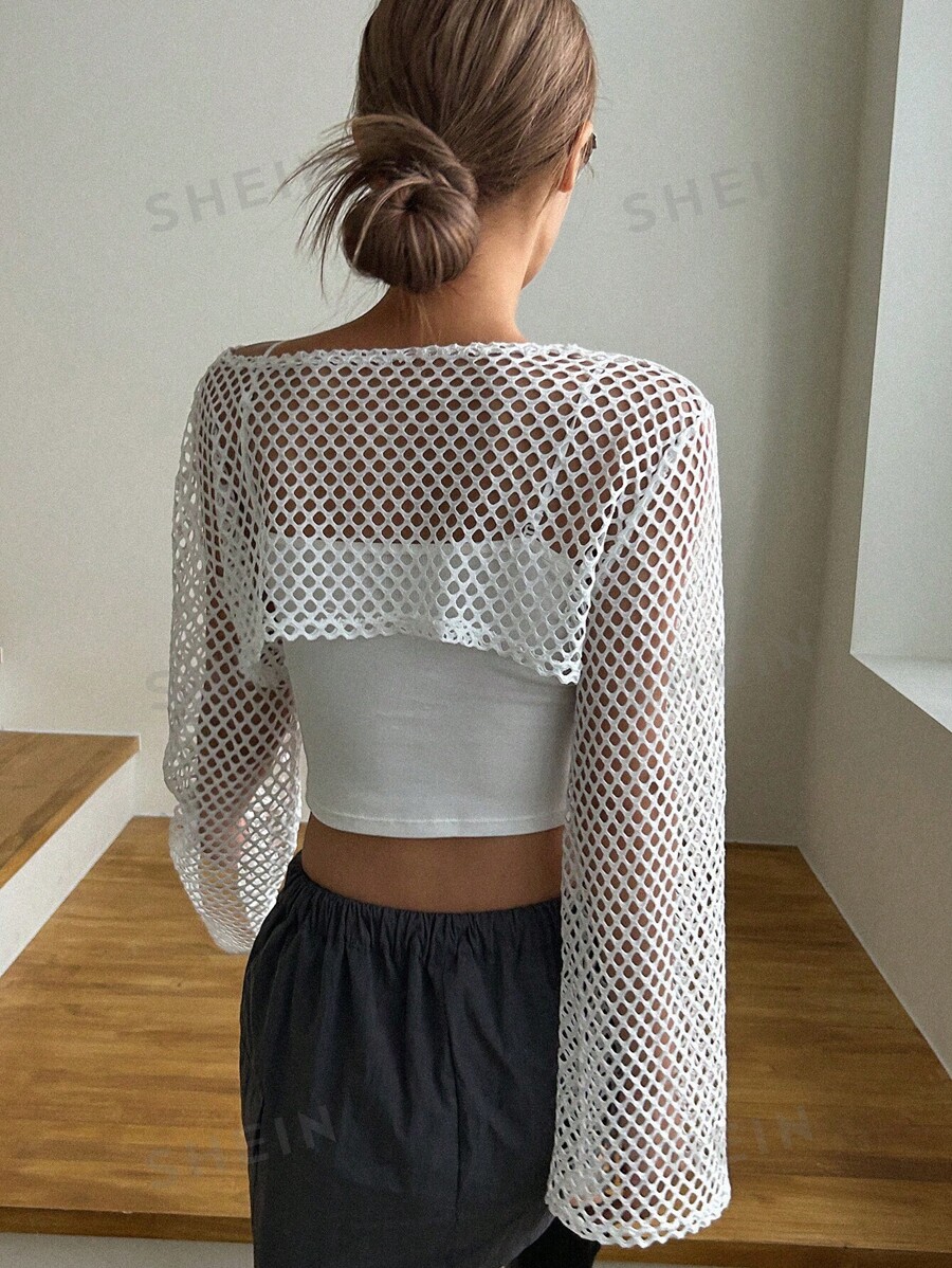 DAZY Hollow Out Drop Shoulder Crop Top Without Cami Top | SHEIN USA