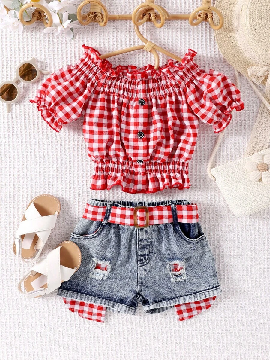 SHEIN Young Girl Gingham Print Puff Sleeve Top & Ripped Denim Shorts ...