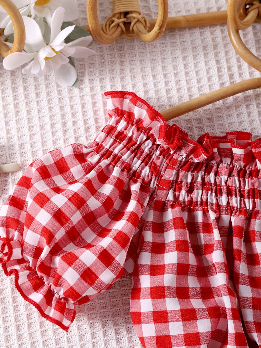 SHEIN Young Girl Gingham Print Puff Sleeve Top & Ripped Denim Shorts ...