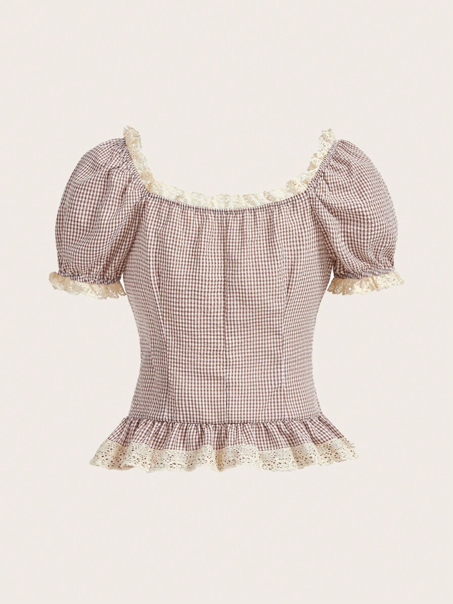 ROMWE Kawaii Blusa con estampado de guingán con encaje en contraste bajo con fruncido | Moda de ...
