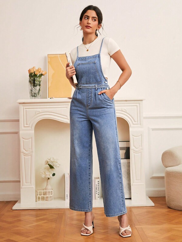SHEIN Frenchy Slant Pocket Denim Overalls Without Tee | SHEIN USA